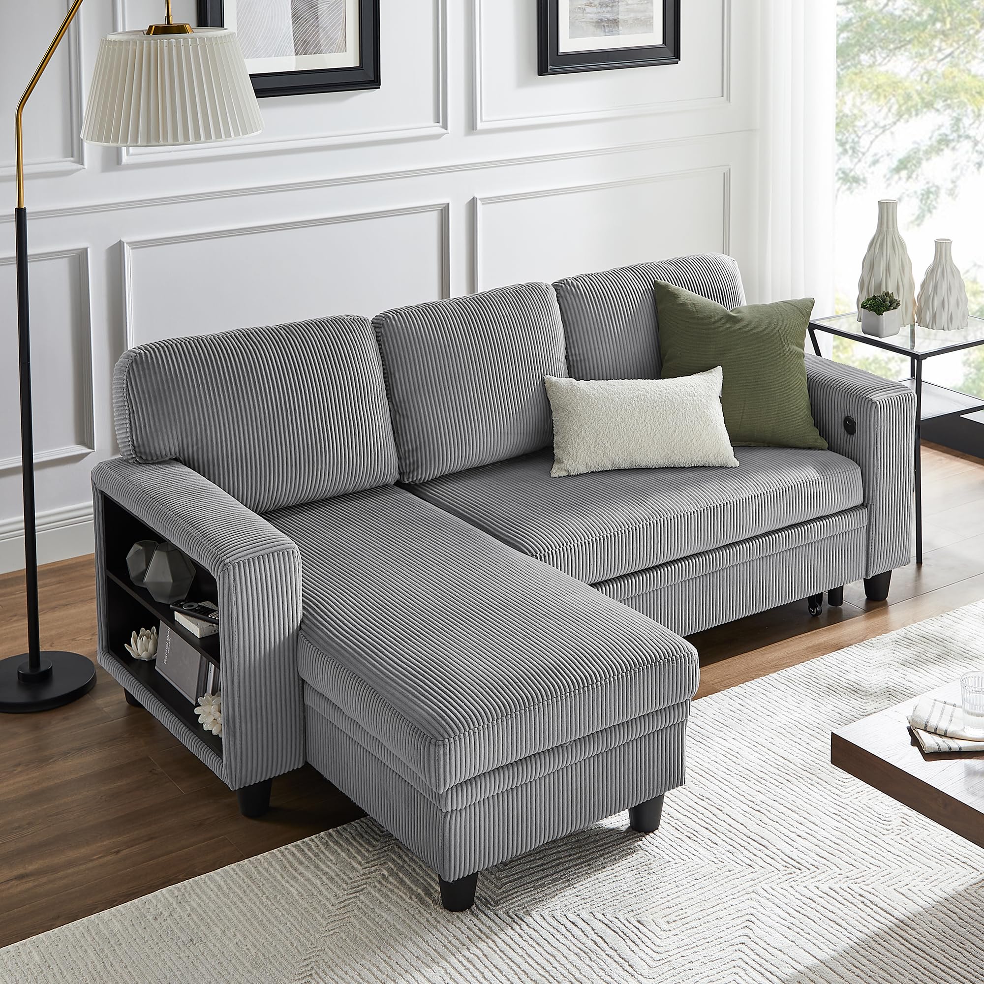 RedLemon 80āSleeper Sofa Bed,L-Shaped Convertible Sectional Striped Couch Bed with Storage Chaise,2 Built-in Bookshelves and USB Charging Port - Light Grey