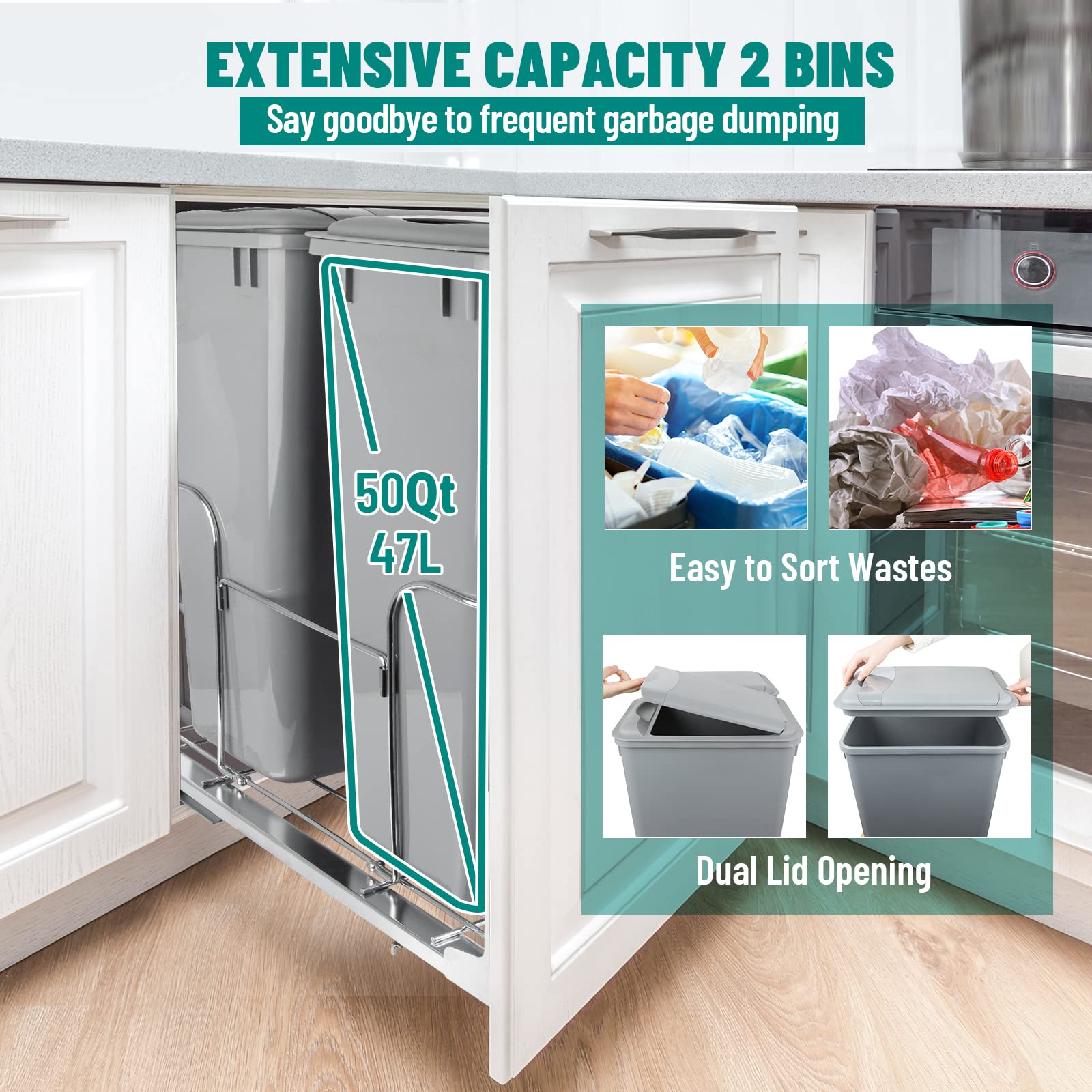 Pull-Out Trash Can, 50Qt Double Bins, Under Mount Waste Container with Soft-Close Slides, 176 lbs Load Capacity & Recycling Bin Door-Mounted Brackets Garbage with Lids for Kitchen Home Cabinet,2pack