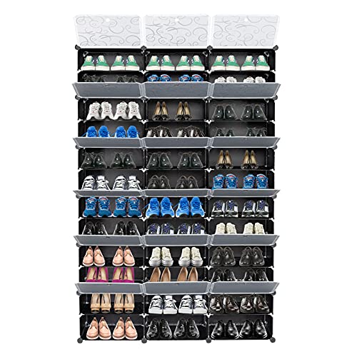 MENGK12-Tier Portable 72 Pair Shoe Rack Organizer 36 Grids Tower Shelf Storage Cabinet Stand Expandable for Heels, Boots, Slippers, Black