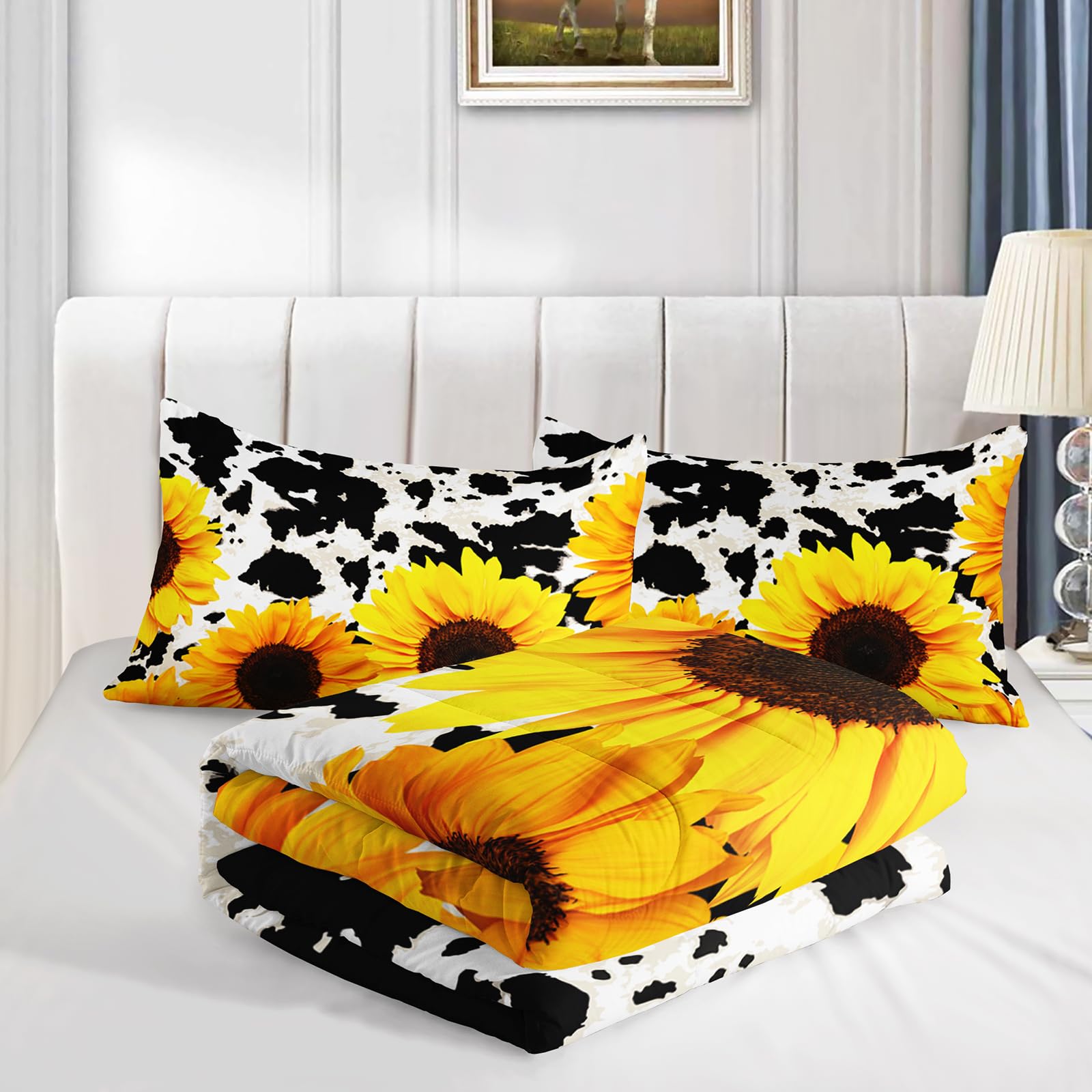 QOOMO Sunflower Comforter Set,Animal Print for Boys Girls Kids Teen Room Decor,Cow Print Bedding Sets, Wildlife 3Pcs Kids Bedding Set Full Size 1 Comforter & 2 Pillowcases