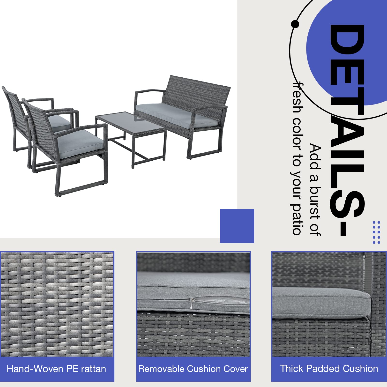 Patiorama 4 Pieces Outdoor Patio Furniture, Wicker Conversation, Rattan Chair, Modern Bistro Set with Coffee Table, Garden Balcony Backyard Poolside (Light Grey)