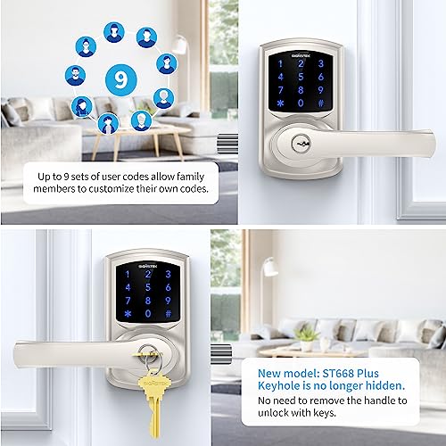 Signstek Keyless Entry Door Lock,Digital Smart Door Lock for Front Door,Keypad Door Lock with Handle and Security Key,Touchscreen,Easy Installation,Satin Nickel