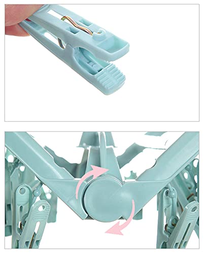 Radefasun Clip and Drip Hanger with 32 Clips Plastic Swivel Hook Portable Folding Drying Rack Baby Clothes Hanger Foldable Travel Accessories for Socks Bras Lingerie Towels Underwear Gloves (Blue, 32)