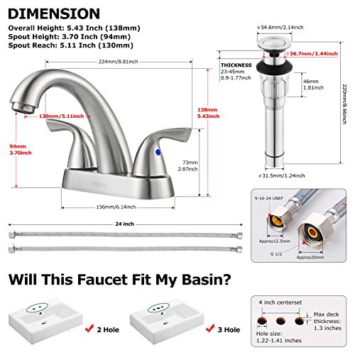 PARLOS 2-Handle Bathroom Sink Faucet with Drain Assembly and Supply Hose Lead-Free cUPC Lavatory Faucet Mixer Double Handle Tap Deck Mounted Brushed Nickel,13598