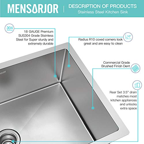 MENSARJOR Undermount Sink, 27" x 18" Single Bowl Kitchen Sink Undermount Stainless Steel Kitchen Sink, Bar or Prep Kitchen sink