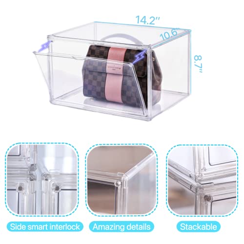 ZLLZUU Purse and Handbag Storage Organizer for Closet, Clear Acrylic Display Case for Collectibles, 3 Pack Plastic Storage Boxes with Magnetic Door for Wallet, Cosmetic, Toys (Large Door)