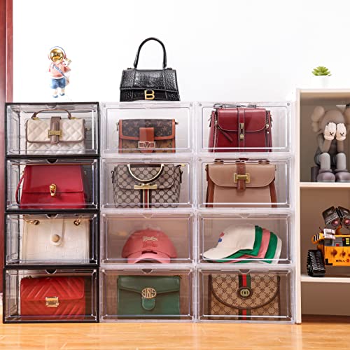 ZLLZUU Purse Storage Organizer for Closet, 6 Pack Plastic Storage Boxes with Acrylic Magnetic Door for Collectibles, Wallet, Cosmetic, Toys (Medium Size Clear Black)