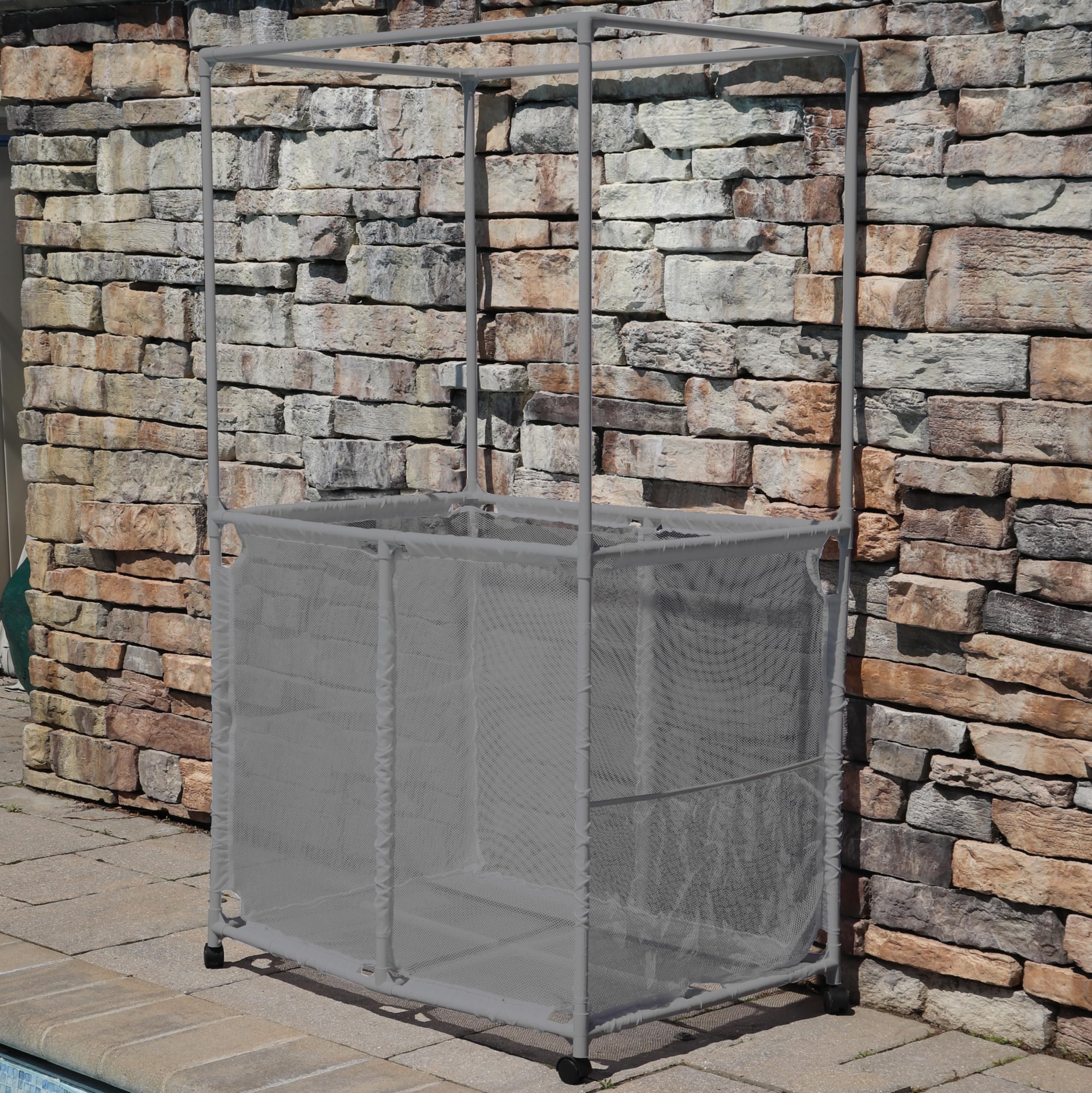 Pool Bins Pool Equipment Holder with Towel Drying Bars, Mesh Rolling Multi Use Storage Organizer Bin, Large Towel Hanger (25" L x 34.5" W x 62.6" H), Gray