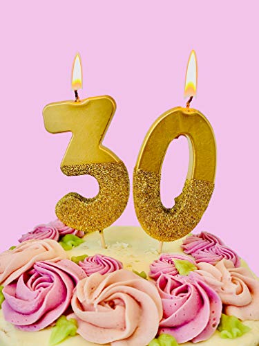 Talking Tables Glitter Number Candle-Premium Quality Cake Topper Decoration Pretty, Sparkly for Kids, Adults, 30th Birthday Party, Anniversary, Milestone, Height 8cm, 3", Gold 3