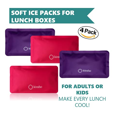 Soft Ice Packs for Lunch Box, Bags, Bento Boxes, 4 Pack, Slim Reusable and Refreezable Pouches for Kids Girls Adults, Travel, School, Work, or Camping, Long Lasting Cold, Flexible | Pink Purple