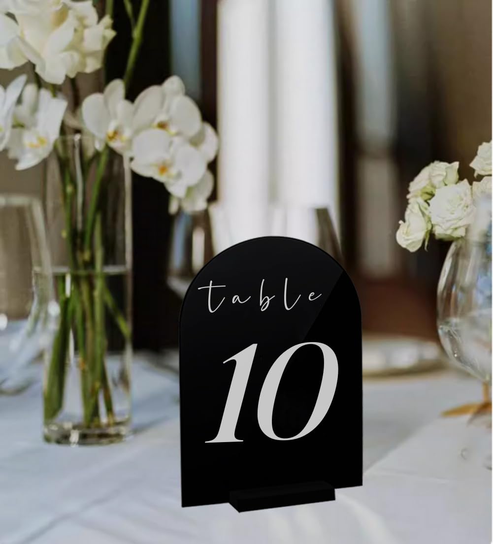 QSONG SHOP 15PCS Acrylic Table Signs with Stands- 5""x7"" Black Arched Acrylic Wedding Numbers and Base,1/8"" Thick Modern Arch Acrylic TableTop Sign for Wedding Reception Event Party (Full Black)