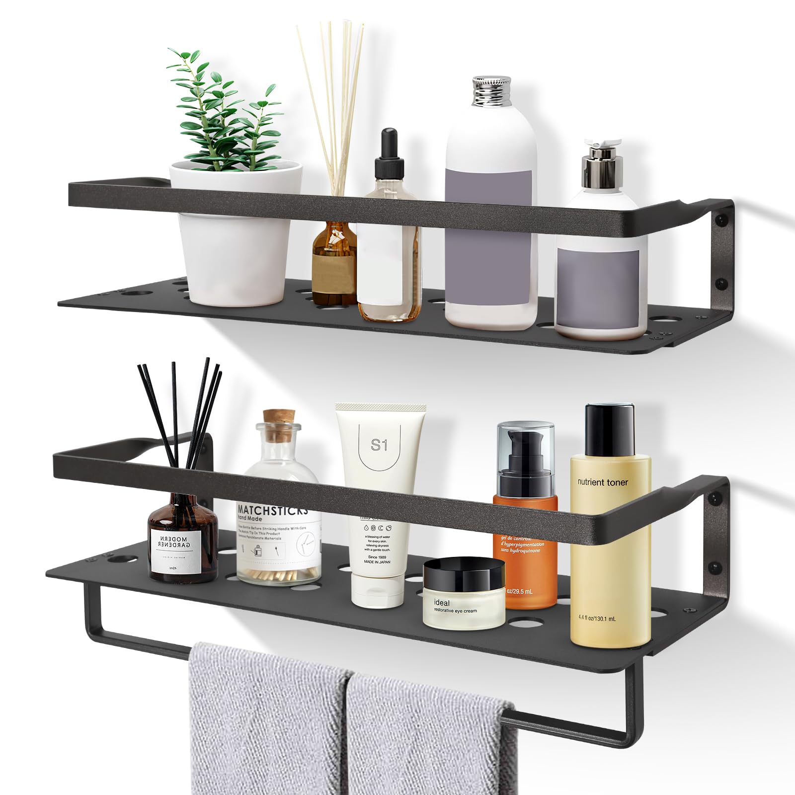 Uten Floating Shelves, Wall Mounted Updated Space Aluminum Shelves Set of 2, Bathroom Storage Shelves with Towel Rack, Wall Hanging Organizer Shelf for Bathroom, Kitchen