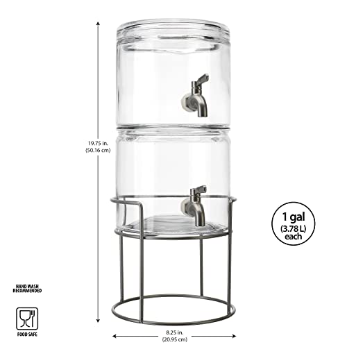 Set Of Two (2) 1 Gallon Each Stacked Quality Ice Cold Clear Glass Jug Beverage Dispensers With Metal Caddy Display With Easy Fill Spigot- Great For Outdoors, Parties, Bars & Daily Use