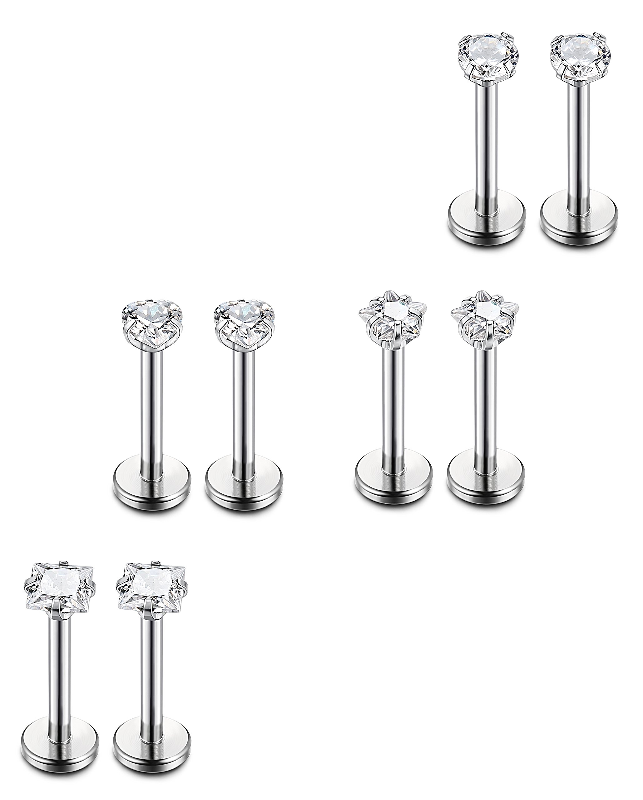 FUNRUN JEWELRY 4 Pairs 16G Stainless Steel Monroe Lip Rings Nose Studs Body Jewelry Piercing 3mm CZ 6mm