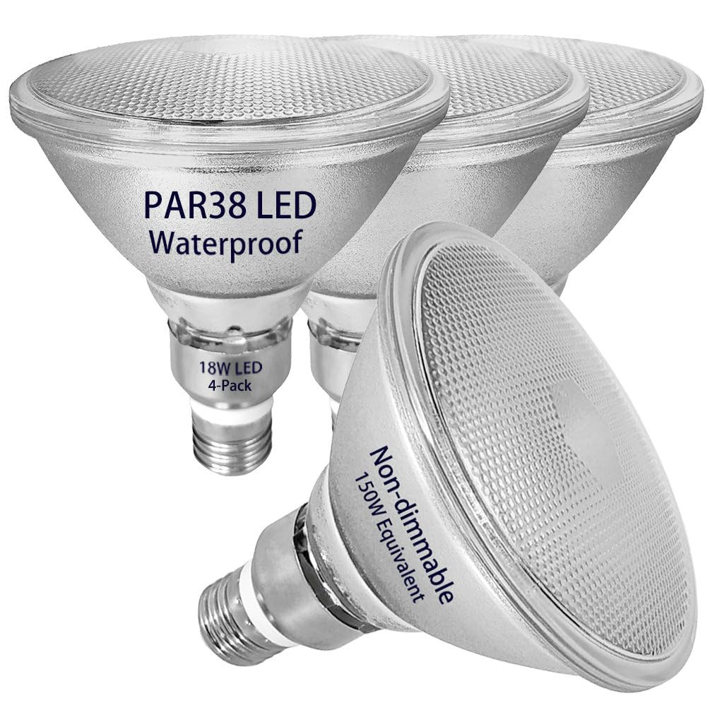 Glass Reflector PAR38 LED Bulb,Warm White,Indoor/Outdoor Flood Light,Waterproof,4-Pack,18W=70W-150W Halogen Equivalent,PAR38 LED Soft White Light 2700K-3000K,E26,120V,No-dimmable.