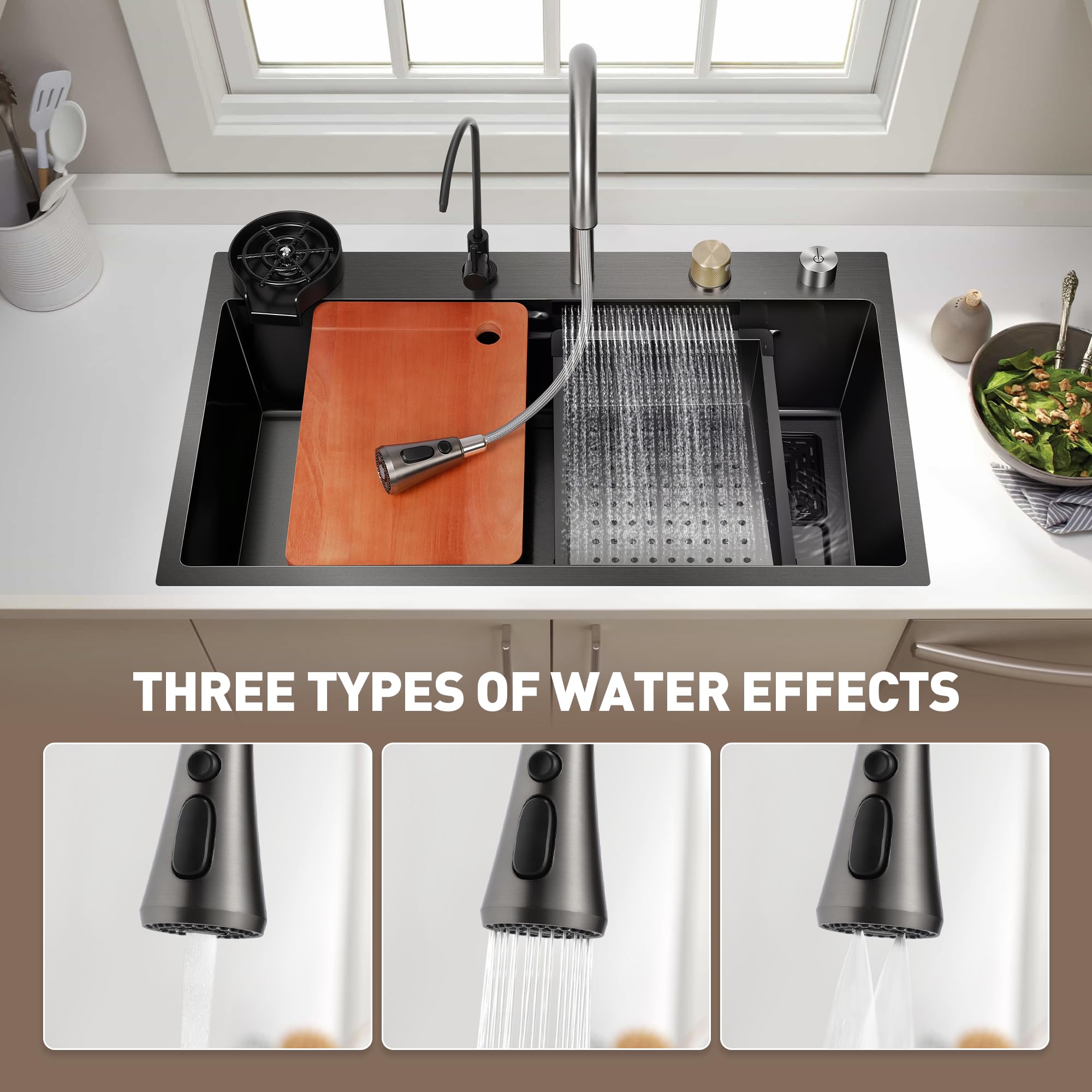 Rengue 32''x 18'' Waterfall Kitchen Sink, Drop In Kitchen Sink Single Bowl, 04 Stainless Steel Kitchen Sink Workstation with Pull-Out Faucet and Multiple Accessories (31.49×17.77×8.66 inch)