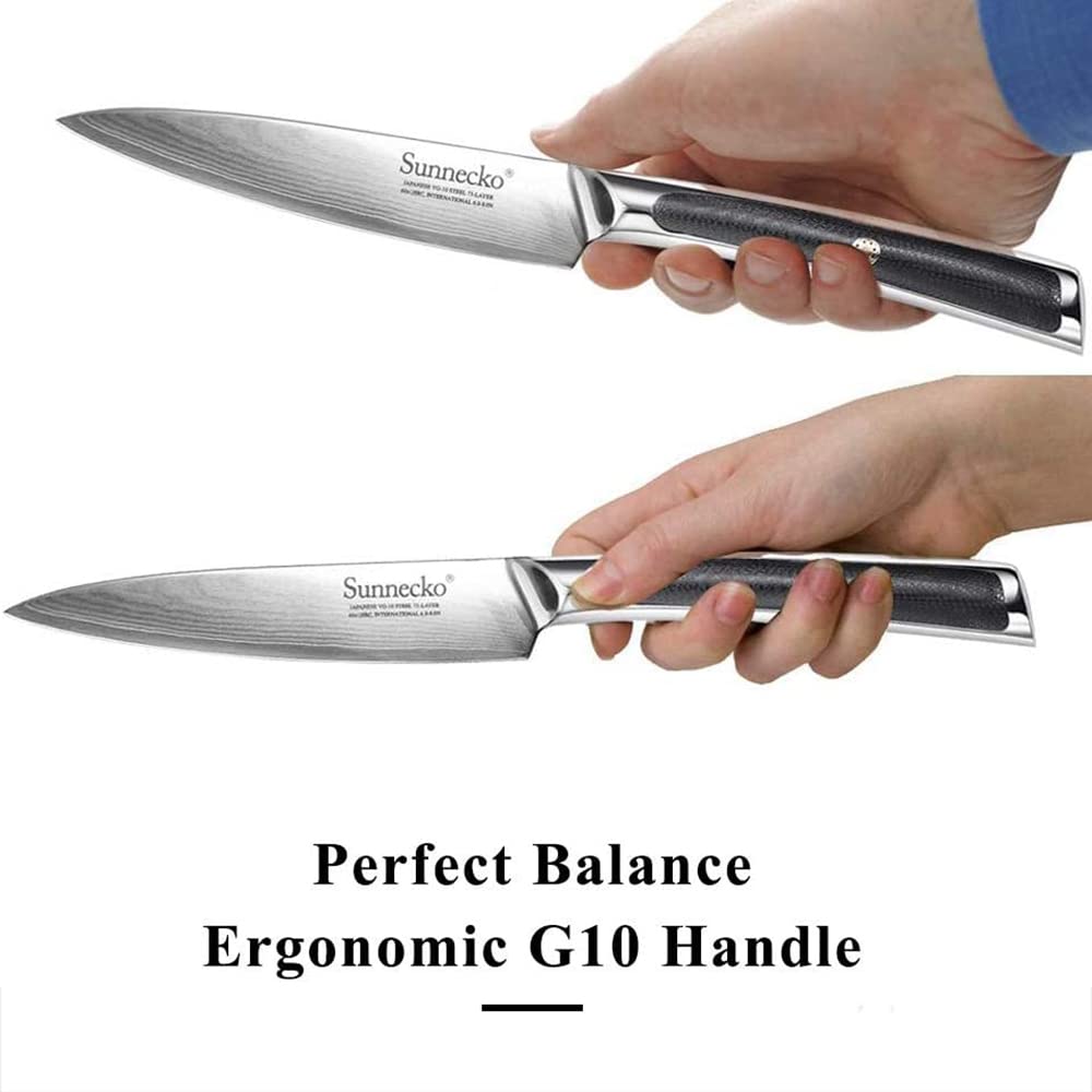 Sunnecko Utility Knife 5 Inch, Paring Knife Damascus Steel VG-10 Blade Fruit Knife, Small Kitchen Knife with G10 Inlaid Handle Peeling Knife Perfect for Cutting Fruit Vegetables Petty Knife Gift Box