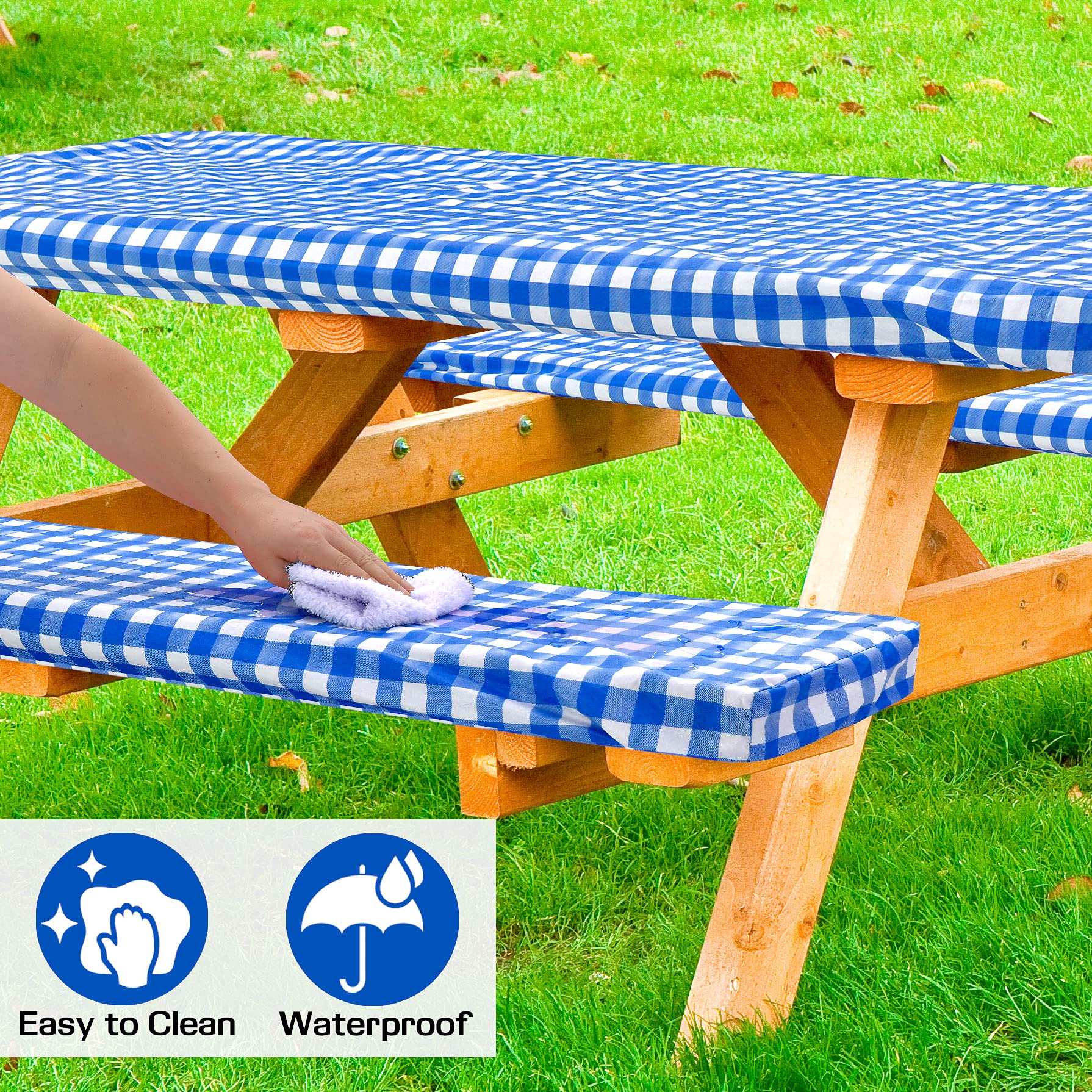 LINPRO 6ft and 8ft Fitted Picnic Table Cover and Bench Covers. These 2 Most Common Sizes Reusable Outdoor Picnic tablecloths with Elastic Will Cover Most Camping Picnic Tables and Folding Tables.