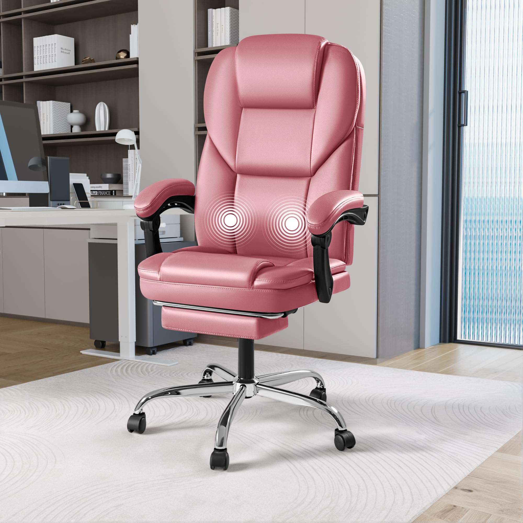 Shahoo Executive Office Chair with Massage, Ergonomic Reclining High Back Leather Seats with Footrest and Lumbar Support, Big and Tall, 500Lbs Heavy Duty, Pink