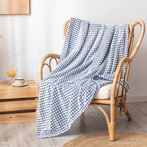 LOMAO Flannel Blanket Throw Blanket Soft Warm Fleece Blanket Lightweight Blanket with Grid Pattern for Couch Sofa Bed Chair Home Decor (Navy+Flannel, 51"x63")