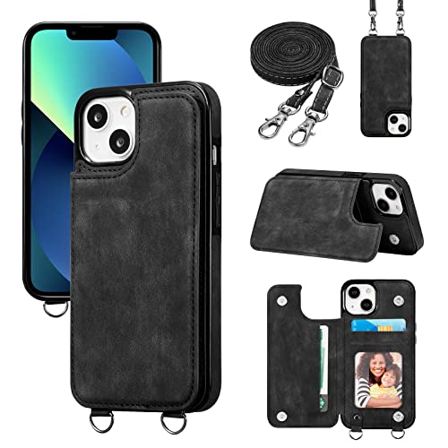 ZTOFERA Wallet Case for iPhone 13,iPhone 13 Case with Crossbody Adjustable Strap Lanyard,Leather Card Holder Shockproof Protective Cover with Stand for iPhone 13,6.1 inch-Black