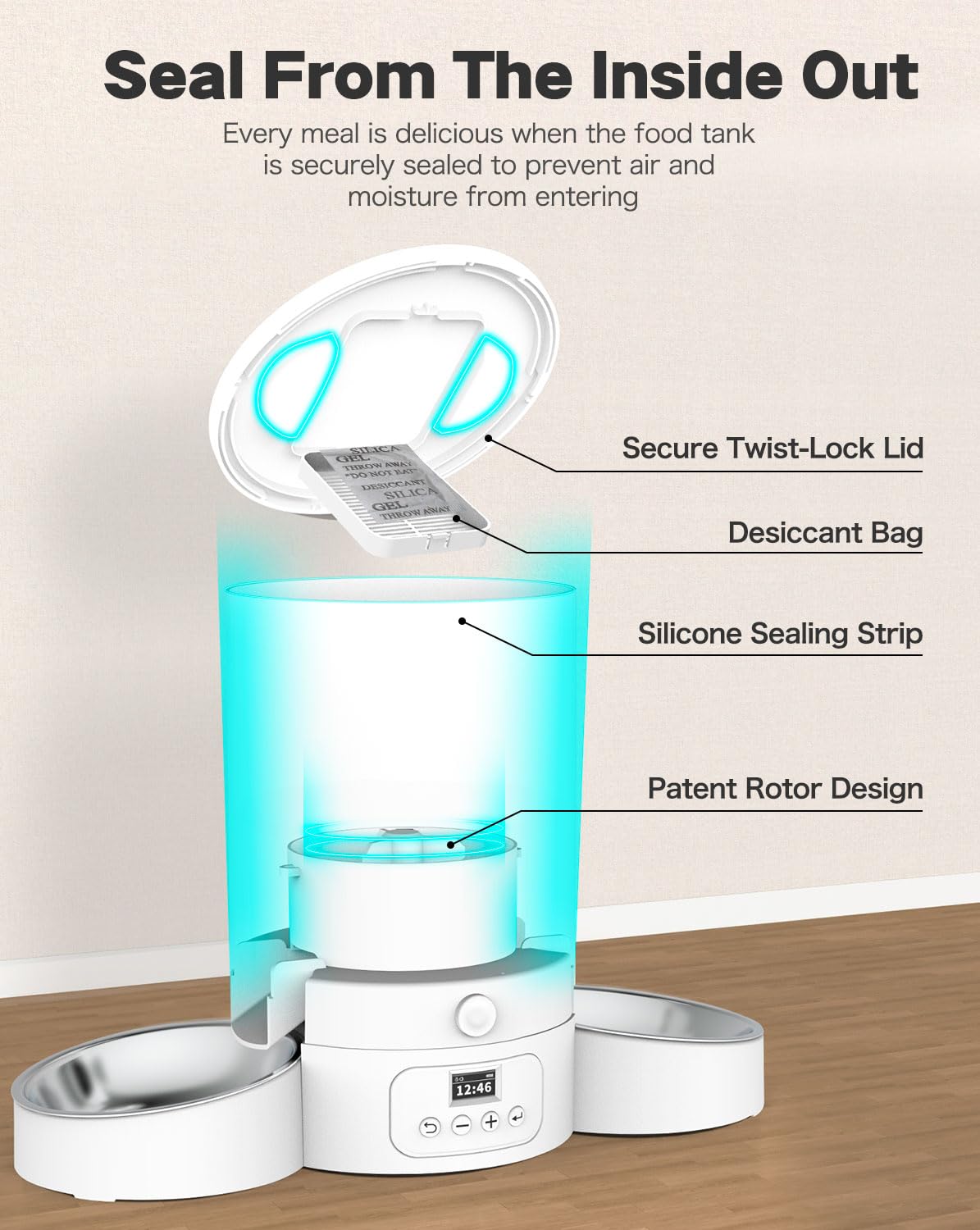 SURDY Automatic Cat Feeder for 2 Cats, 3L Cat Food Dispenser Auto Cat Feeder with 2 Stainless Bowls, 10s Meal Call Dual Power Supply and Timer Setting 12 Portions 6 Meals Per Day for Cats (White, 3L)