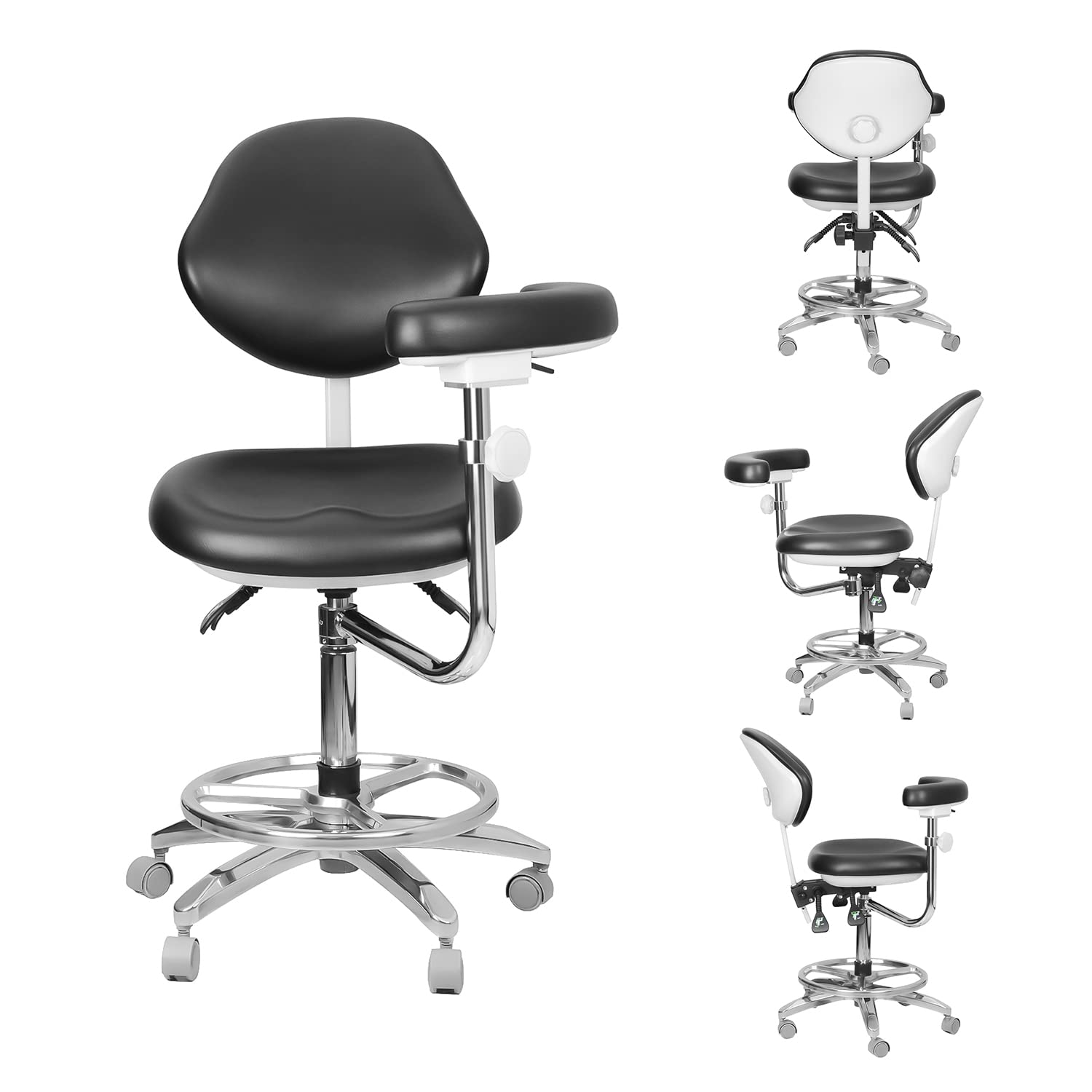 ORILAO Multi Function Adjustable Dental Assistant Stool with Armrest Rack Rolling Cover PU Leather Foot Controlled