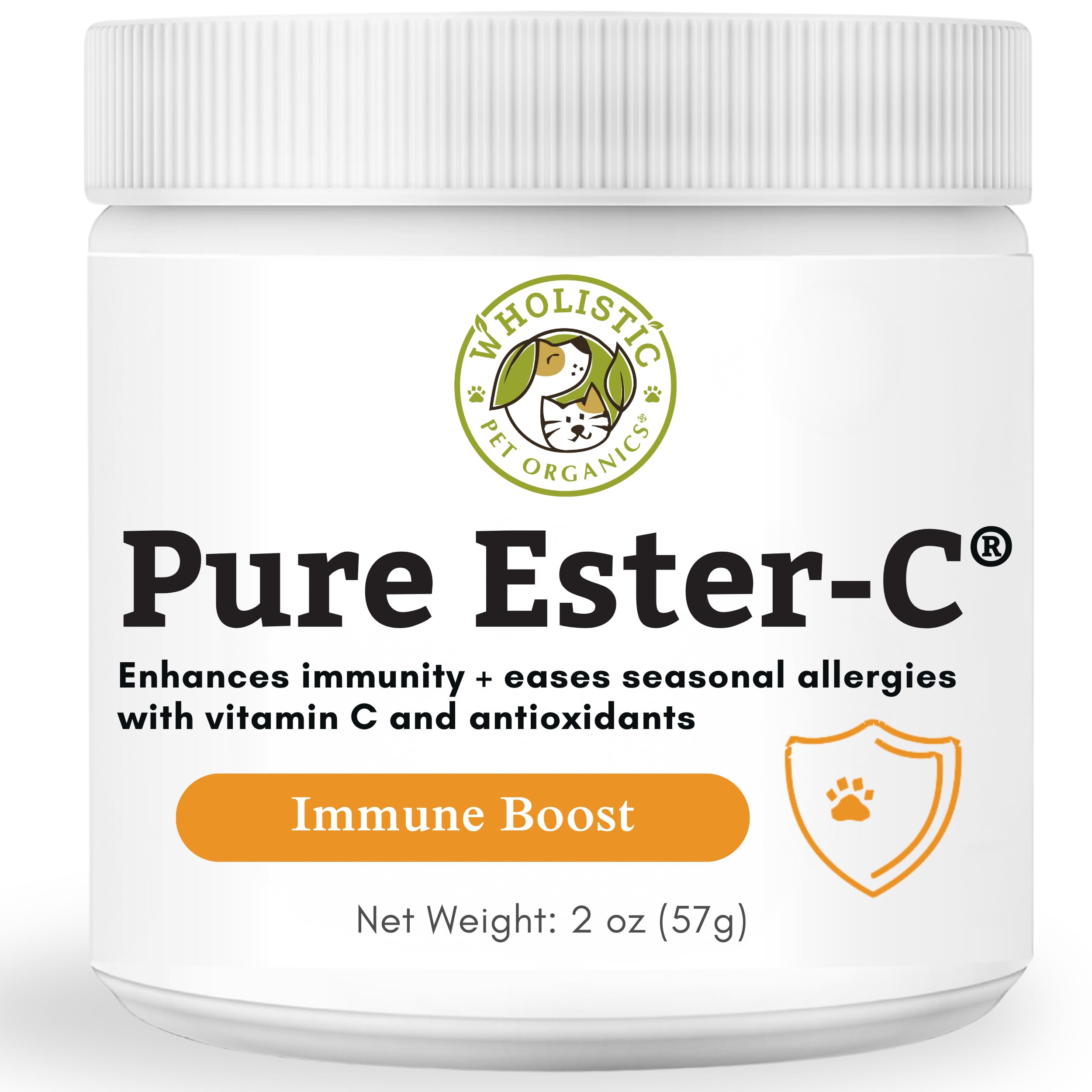 Wholistic Pet Organics Pure Ester-C Powder for Dogs & Cats - 2 Oz - Vitamin C Supplement for Immune Support, Skin & Coat Health, & Allergy Relief - Dog Vitamin Powder for Itchy Skin & Homemade Food