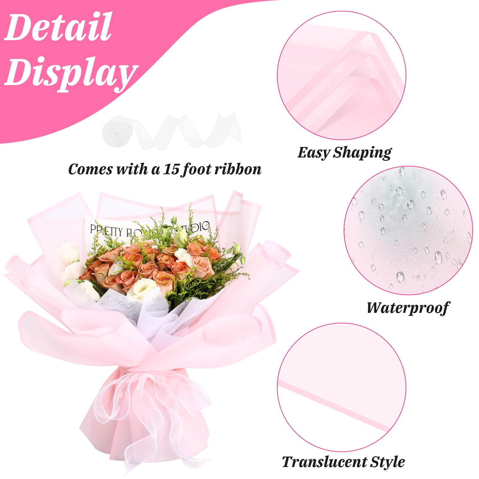 Rumvan Flower Wrapping Paper, 20 Sheets, Waterproof, Floral Bouquet Design, for Wedding, Birthday Gift, DIY Florist Supplies (Pink colour)