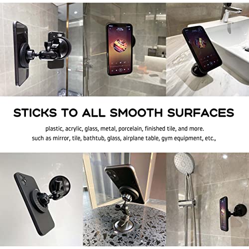 Quyee Magnet Mirror/Shower Phone Holder, Suction Cup Phone Wall Mount for iPhone 14 13 12 11 Pro Max Mini XS XR/Magsafe Case/Magsafe Ring, Gifts for Men Women Kids