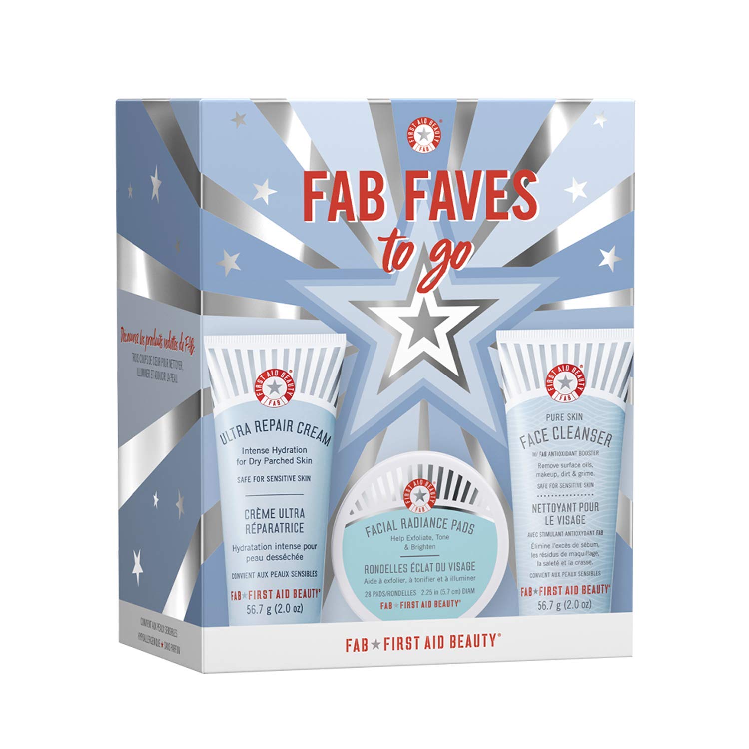 First Aid Beauty FAB Faves to Go Kit: Travel Size Face Cleanser, Exfoliator Pads and Moisturizer