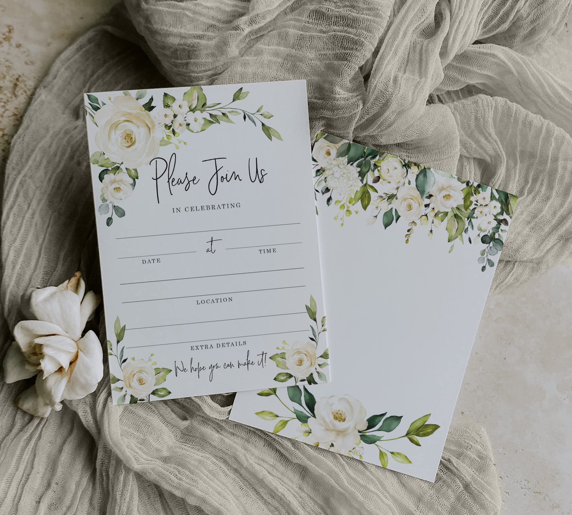 White Rose Invitations For All Occasions - Elegant Invites Perfect for Weddings, Bridal Showers, Birthdays, Engagements, Bachelorette Parties, Receptions, Anniversaries - Envelopes Not Included