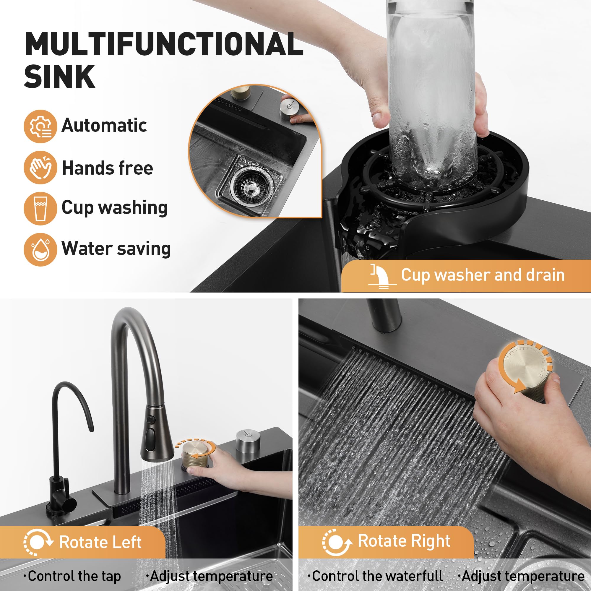 Rengue 32''x 18'' Waterfall Kitchen Sink, Drop In Kitchen Sink Single Bowl, 04 Stainless Steel Kitchen Sink Workstation with Pull-Out Faucet and Multiple Accessories (31.49×17.77×8.66 inch)