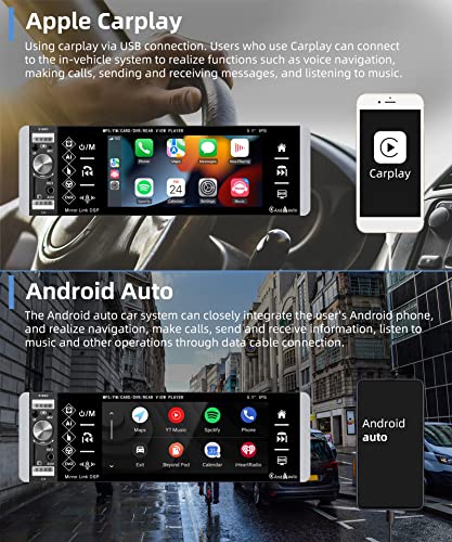 Single Din Car Stereo Support Apple Carplay Android Auto, Podofo 5.1'' IPS Touchscreen Car Radio Video Music Player Bluetooth Audio AUX/USB/FM Voice Assistant Steering Wheel Control Backup Camera