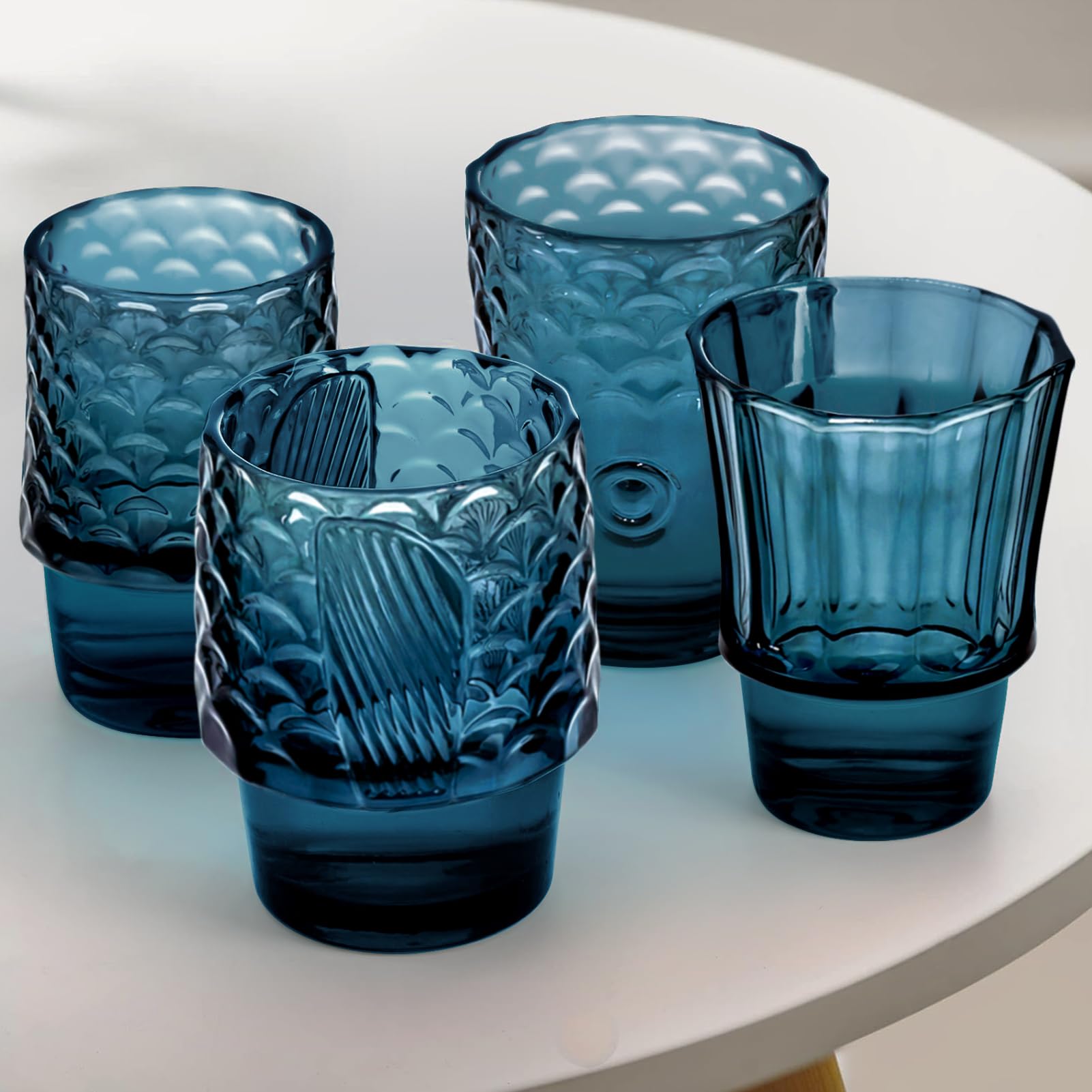 UPZAI 12oz Fish Design Drinking Glasses Set of 4, Stackable Old Fashioned Glass Cups Kitchen Glassware, Home Decor Aesthetic Water Cups for Beside Beverage Juice Coffee Beer Cocktail Whiskey (Blue)