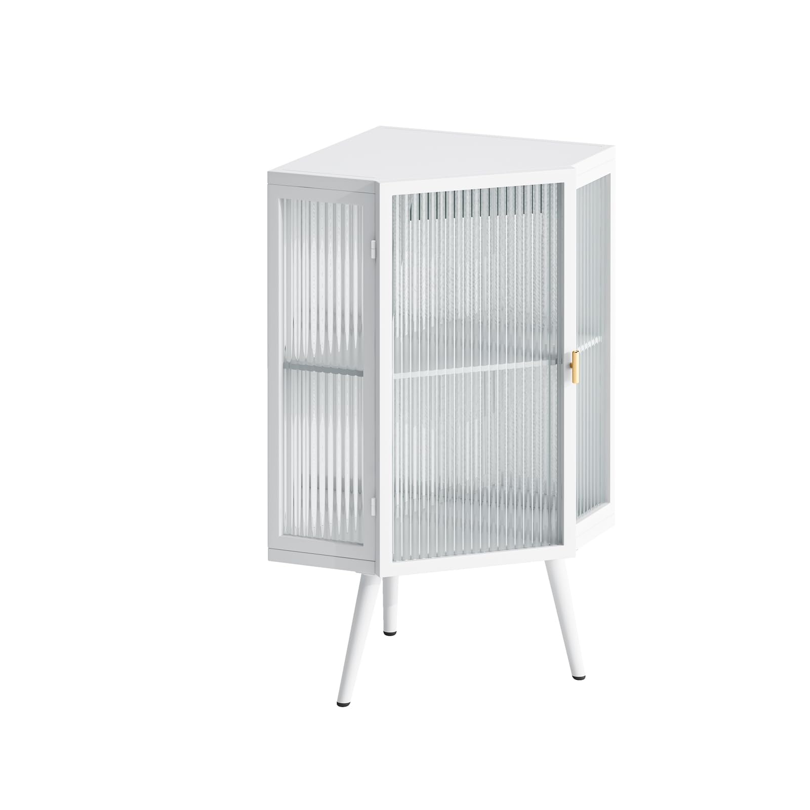QMIT Corner Cabinet Table with Glass Doors, Small Metal Corner Storage Table ,Corner Hutch Cabinet for Bathroom, Living Room, Bedroom Kitchen (White—2 Tier)