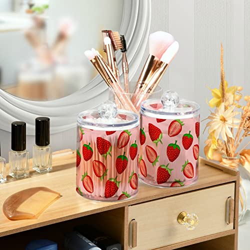Vnurnrn Clear Plastic Jar Set for Cotton Ball, Cotton Swab, Cotton Round Pads, Floss, Strawberry Pattern with Berries Bathroom Canisters Storage Organizer, Vanity Makeup Organizer,2Pack