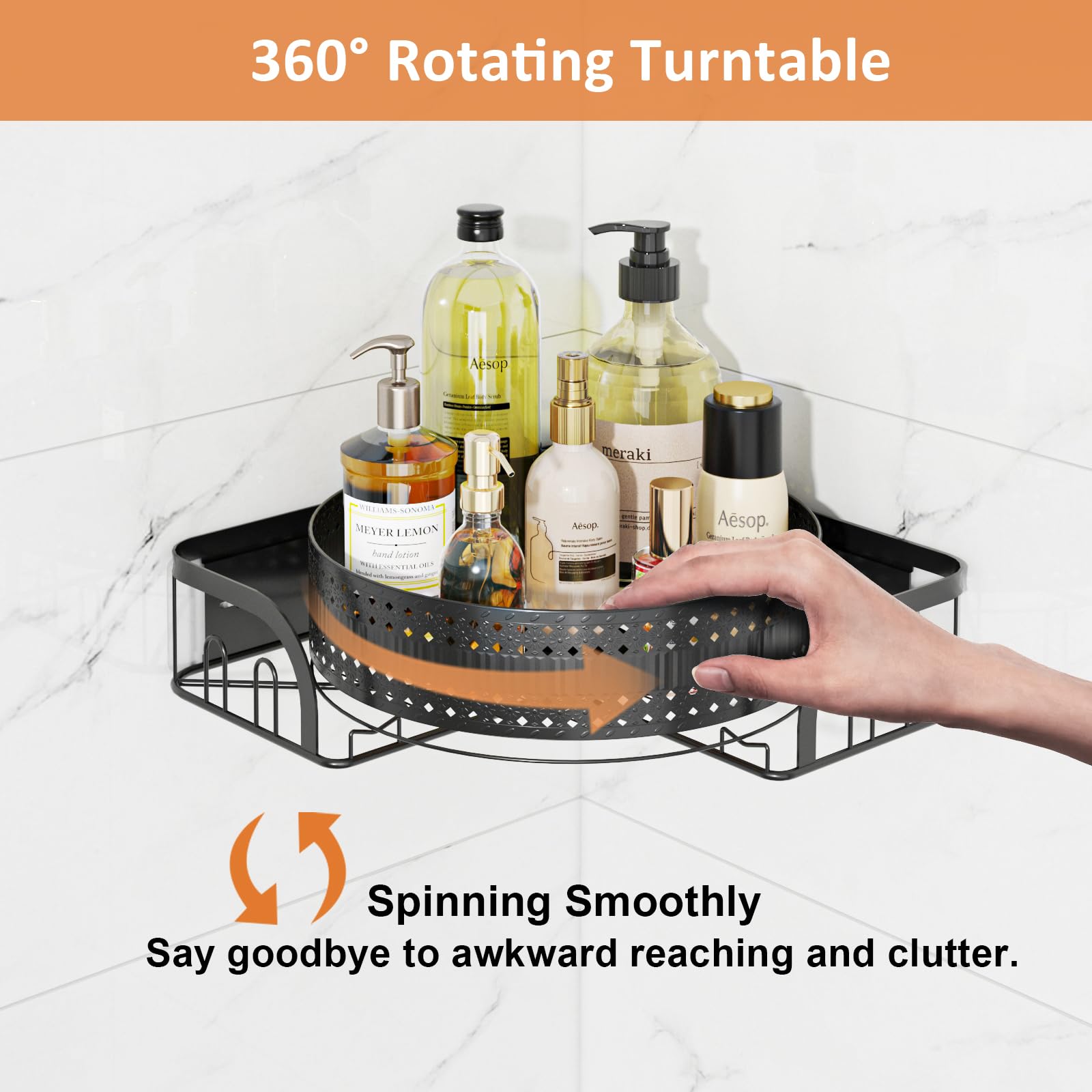 NADAMOO Rotating Corner Shower Caddy, 2 Pack 360° Rotate Turntable Shower Organizer Shelf with Soap Holder,Adhesive Stainless Steel Storage Rack for Bathroom and Kitchen