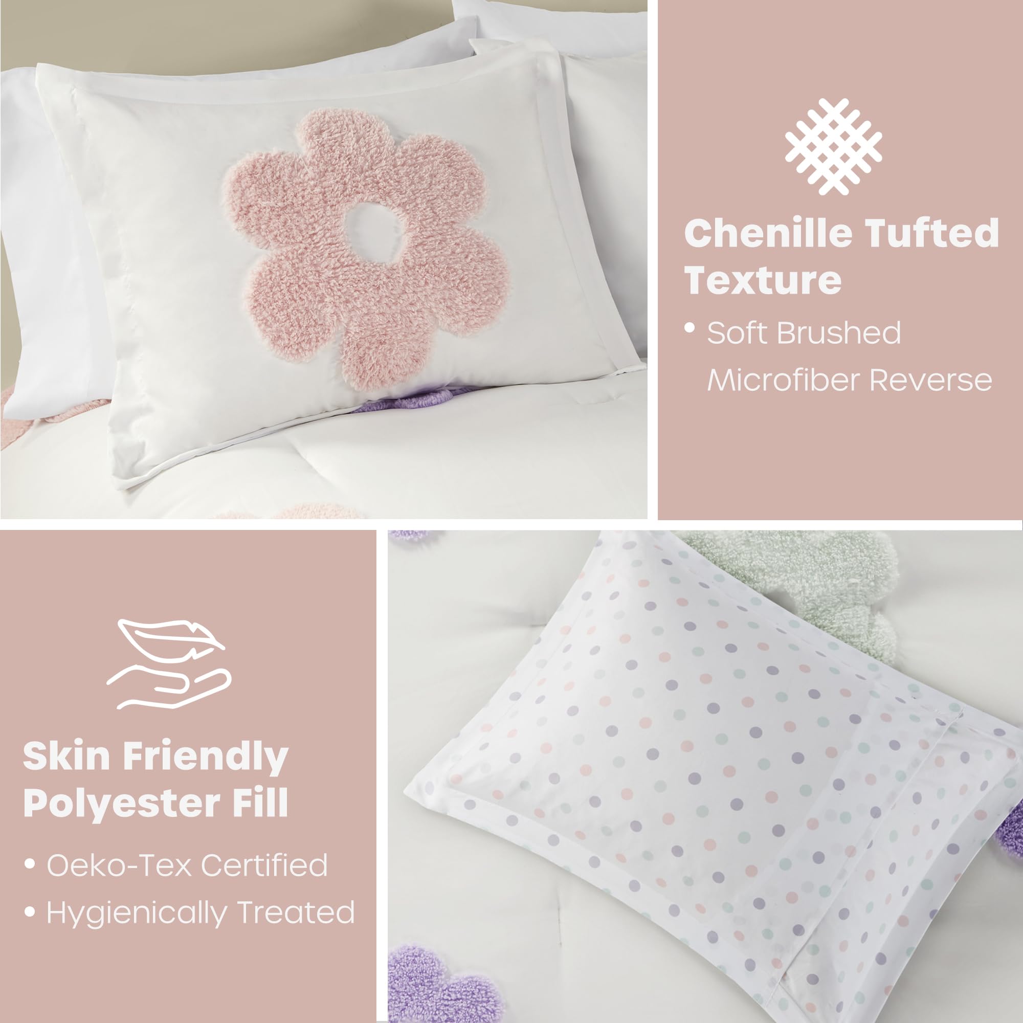 Urban Habitat Kids Queen Comforter Set for Girls, Tufted Chenille Floral Comforter Set Queen, Lightweight Polka Dot Comforter Reversible Bed Set, Shams, Pillow, Gracie, Full/Queen White/Purple 4 Piece