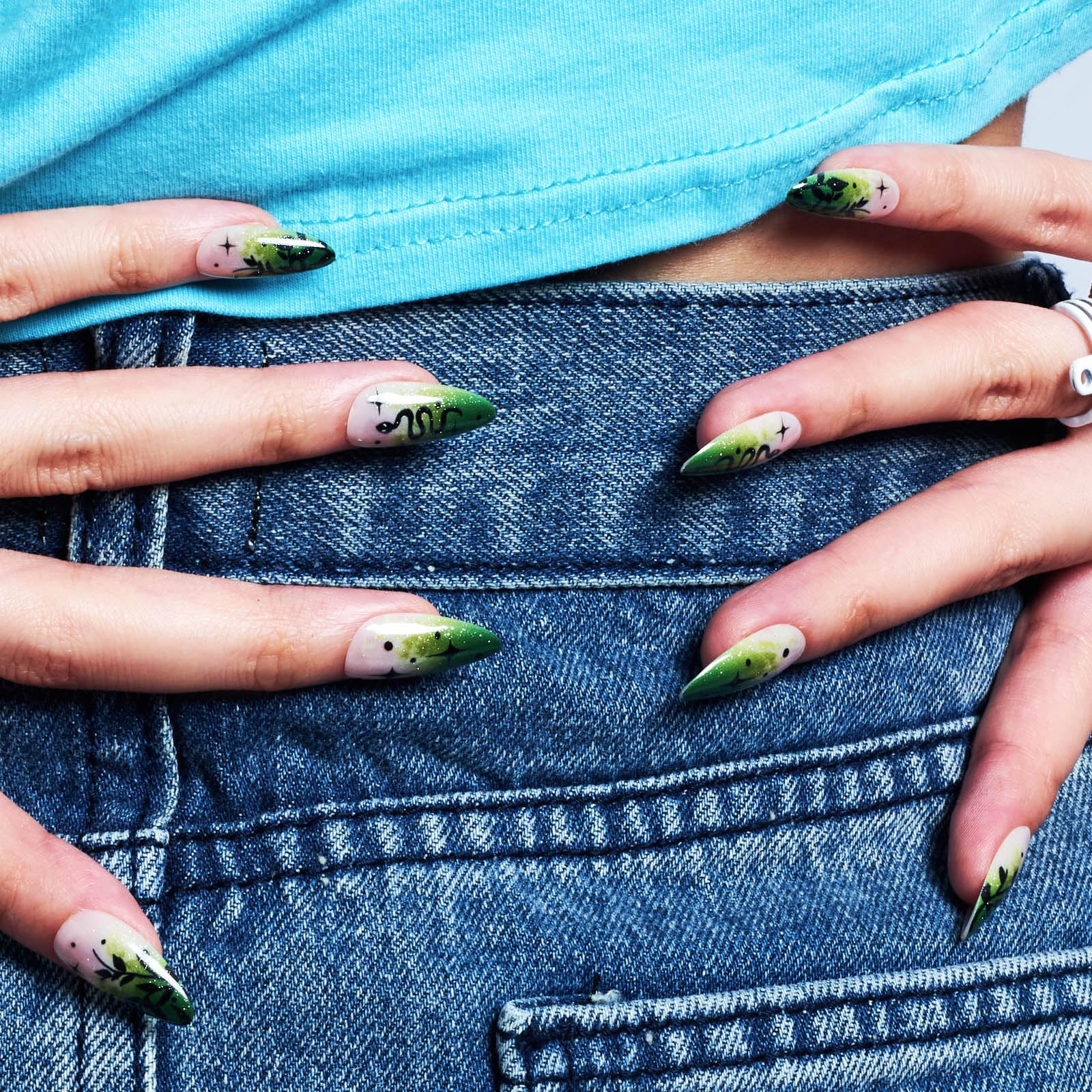 GLAMERMAID Press on Nails Almond,Green Gel False Nails with Design,24 PCS Glue on Nails,Reusable Acrylic Stick on Nails Tips Manicure Set for Women,Urban Jungle