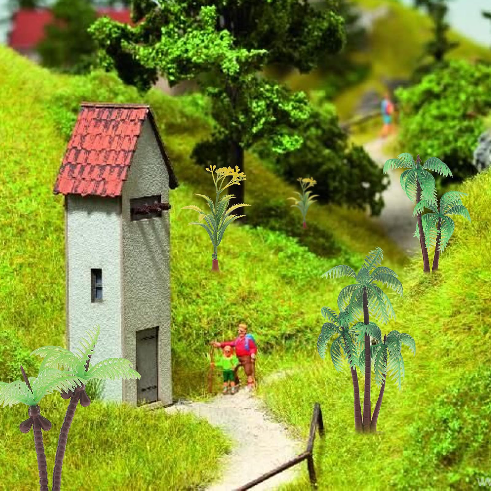 Quancru 10Pcs Miniature Coconut Palm Tree Model Artificial Greenery Plant Decoration DIY Train Railway Building Diorama Sandbox Cake Topper Landscape