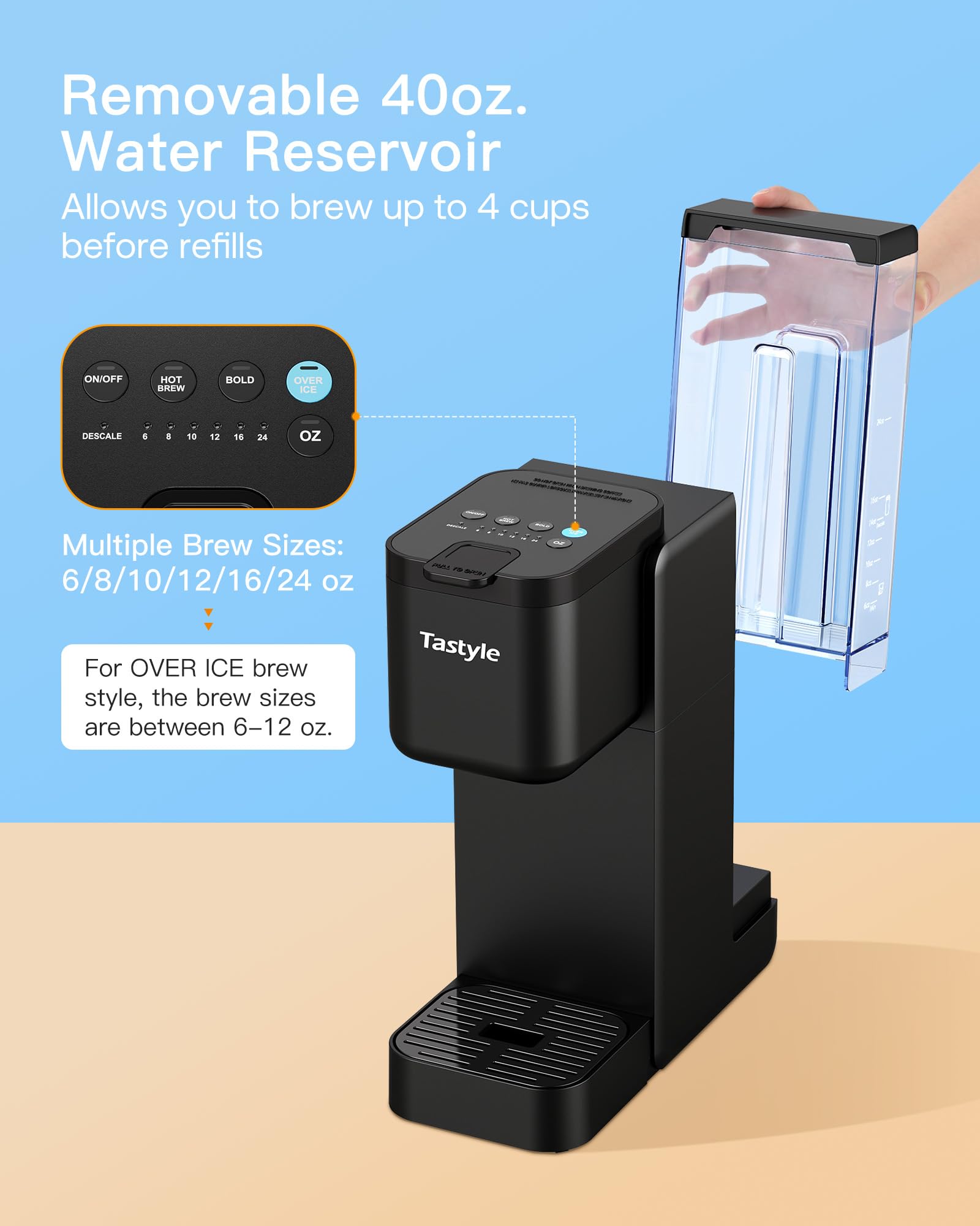 Tastyle Single Serve Coffee Maker, Iced and Hot Coffee Brewer for K Cup & Ground Coffee, with Removable 40 oz. Water Reservoir, 6 to 24 oz. Brew Sizes, Includes Bold & Descale Settings, Black