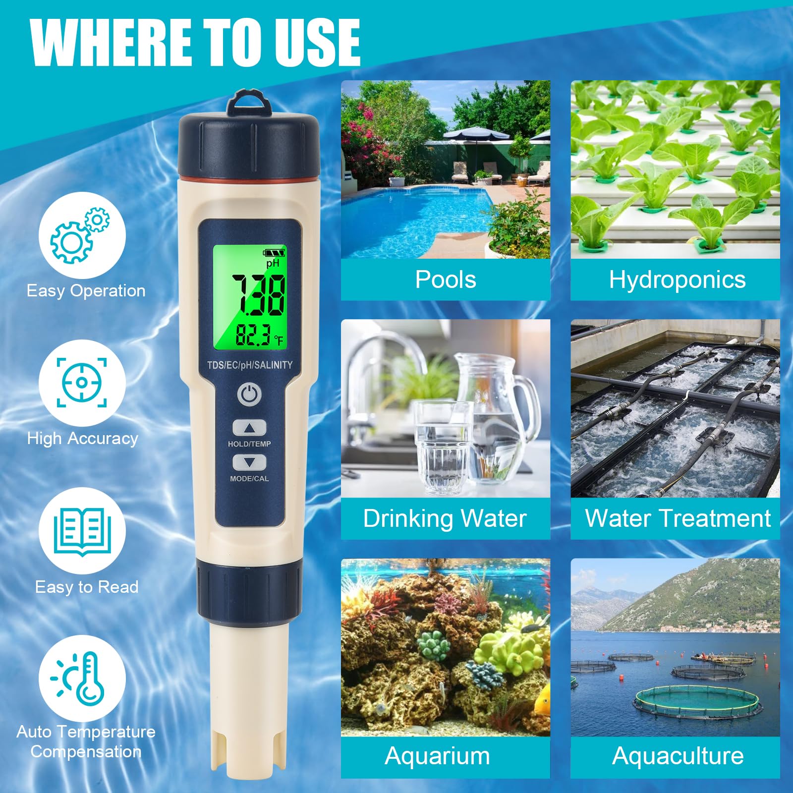 PH Meter & TDS Meter, 5 in 1 Salinity PH Temp EC and TDS Tester, 0.01 High Accuracy Digital Display, LCD Backlit, ATC, IP67, for Swimming Pool, Drinking Water, Hydroponics and Aquarium