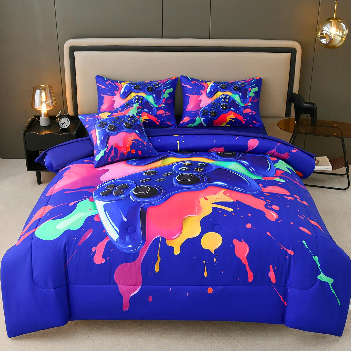 Tasselily Game Console Full Comforter Set with Sheets, Microfiber 6 Pcs Bed in A Bag Full Size Gamer Bedding Set for Boys Kids Teens