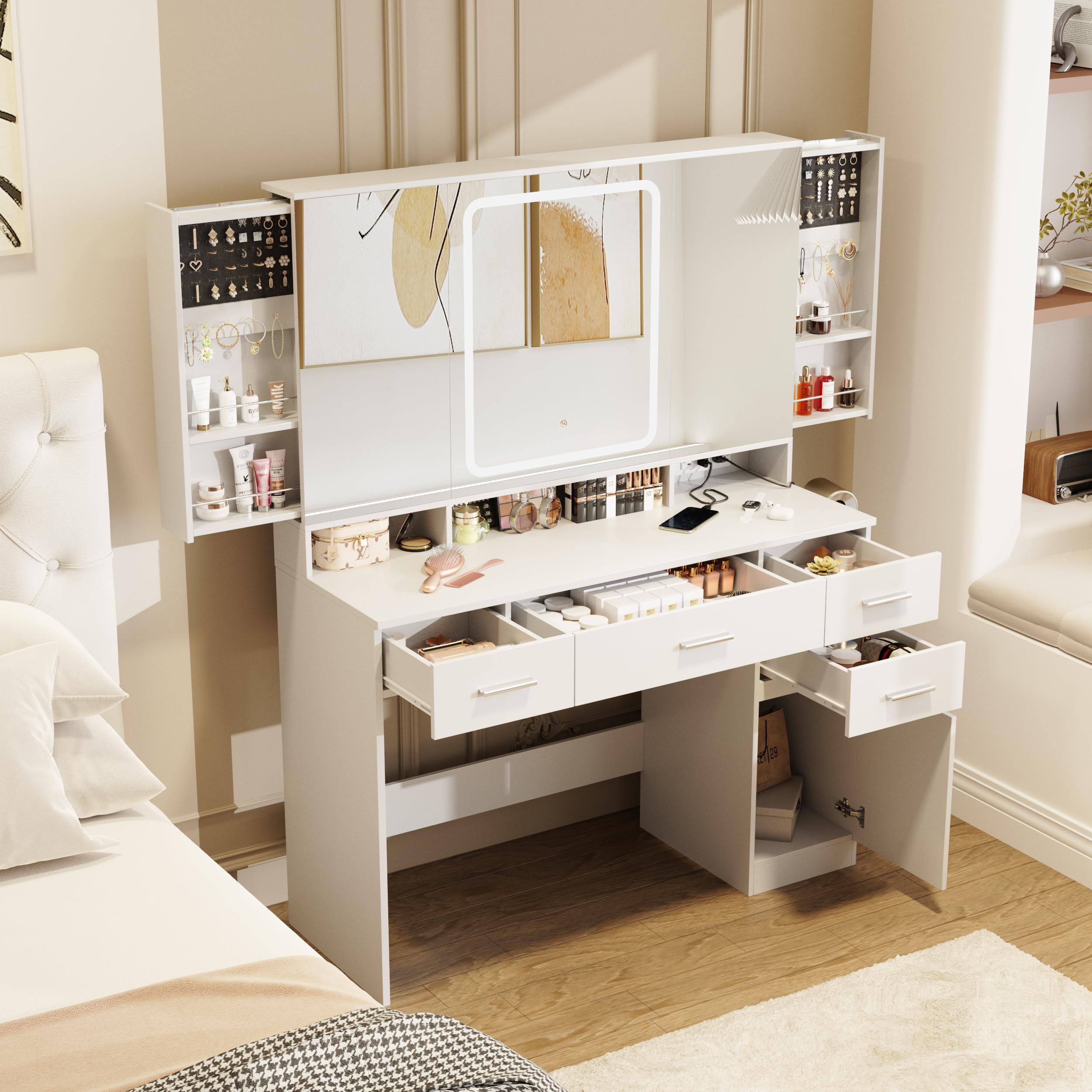 Vabches White Vanity Desk, Makeup Vanity Desk with Mirror and Lights, Vanity Table with Large Storage Drawers and Charging Stations, Sliding Jewelry Cabinets, 3 LED Lighting Modes Adjustable