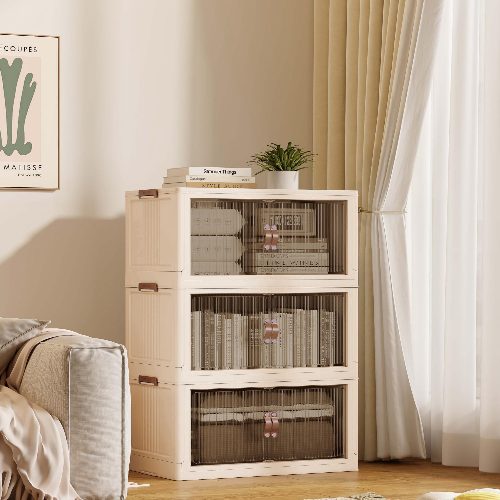 SAILUN 73Gal(293Qt) Stackable Storage Bins Folding Collapsible Storage Bins with Lid, Closet Organizers and Storage, Storage Box with Door Beige 27.6" Wx17 Dx46.8 H