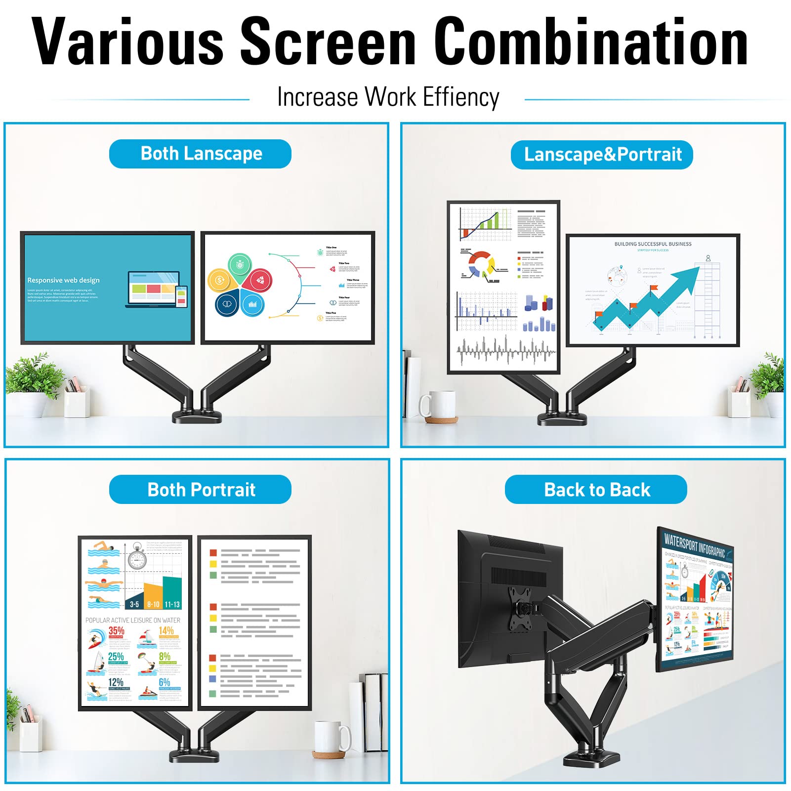 MOUNTUP Gas Spring Triple Monitor Stand + Full Motion Dual Monitor Desk Mount Bundle