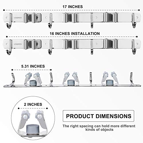 VOSIGREEN Broom & Mop Holder, Wall Mount Organizer Hanger for Rakes, Utensils, Tools-3 Clamps, 4 Hooks-17” Self Adhesive or Drillable Installation-For Kitchen, Garage, Garden, Office, Closet, 2 Pack