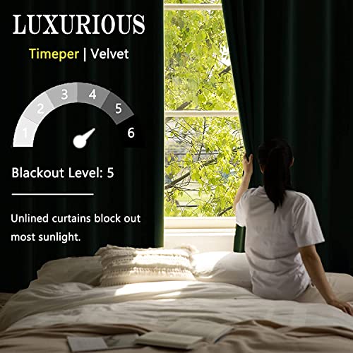 Timeper Green Blackout Velvet Curtains 96 inches Vintage Style Dark Green Velvet Drapes Light Blocking Thermal Insulated for Bedroom, Office, W52 x L96, 2 Panels, Back Tab Design