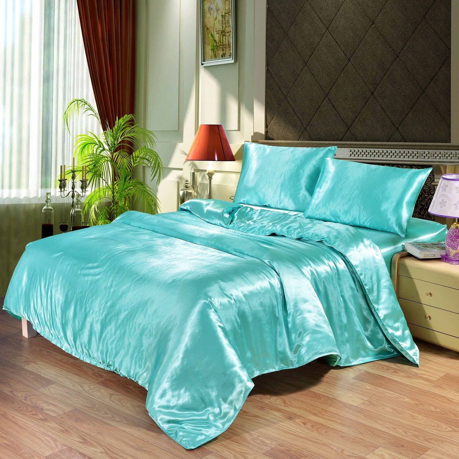 Vagasi Blue Duvet Cover Set Queen Size 3 Pieces - Comforter Cover Super Soft with 2 Pillow Shams - Satin Bedding Set Breathable & Smooth with Zipper Closure